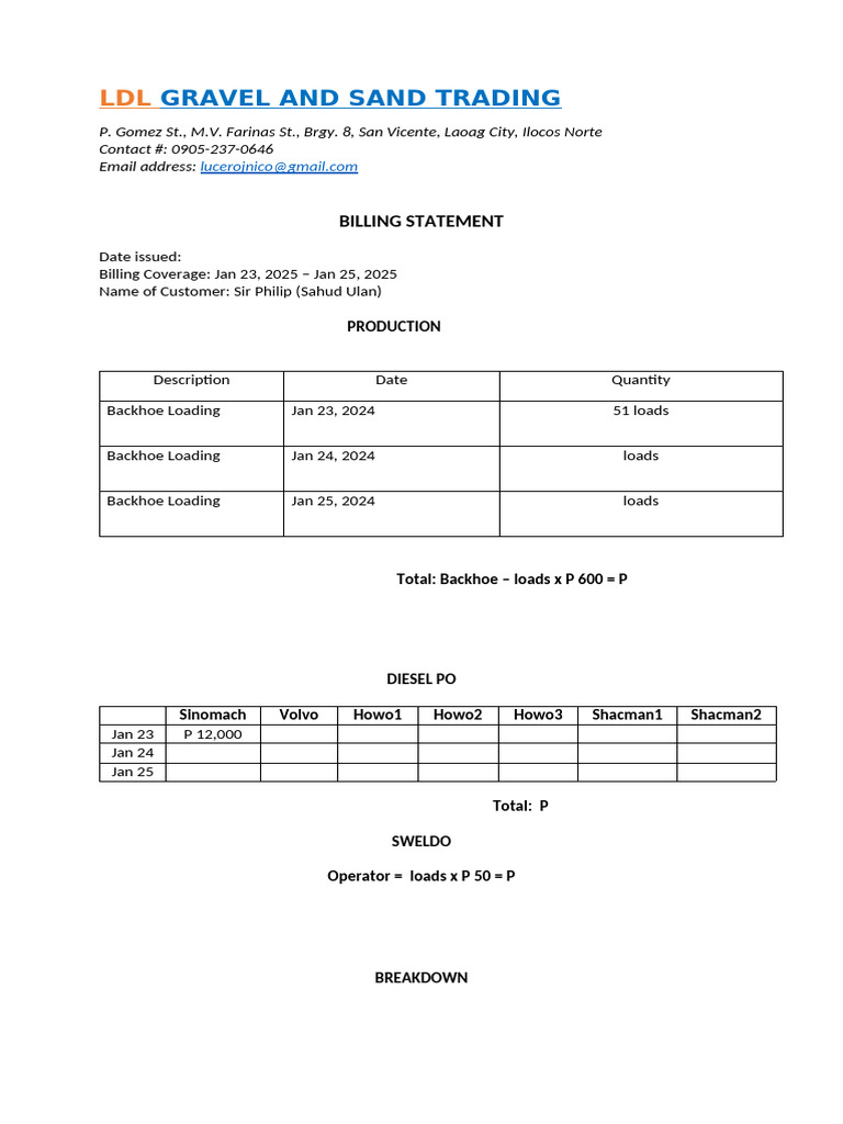 Sahud Ulan Billing Backhoe Jan 24 - Jan 26 | PDF