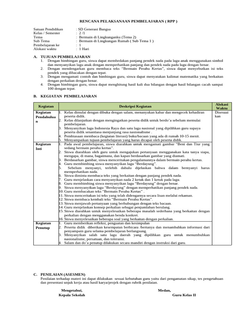 RPP Daring Kelas 2 Tema 2 ST 1 | PDF