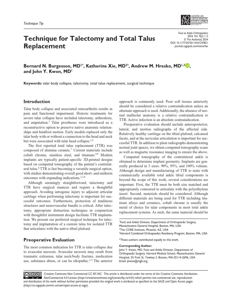 Technique For Talectomy and Total Talus Replacement | PDF | Ankle ...