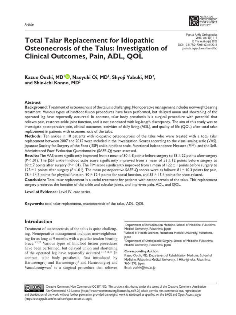 Total Talar Replacement For Idiopathic | PDF | Ankle | Clinical Medicine