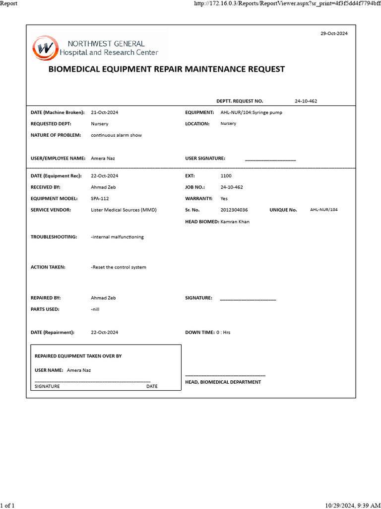 Biomedical Equipment Repair Maintenance Request: Nursery | PDF
