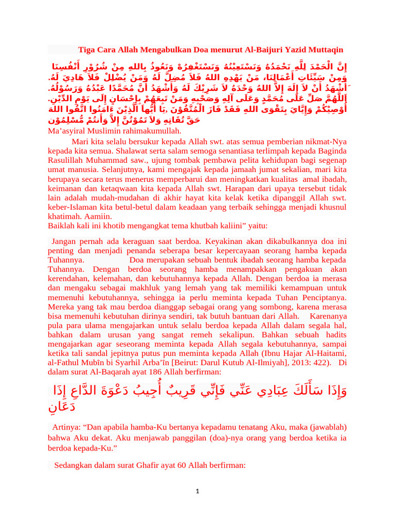 Tiga Cara Allah Mengabulkan Doa Menurut Al | PDF