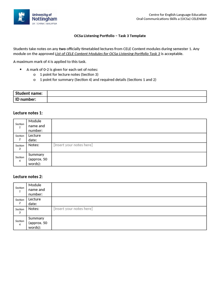 OCSa Listening Portfolio Task 3 Template 2 | PDF