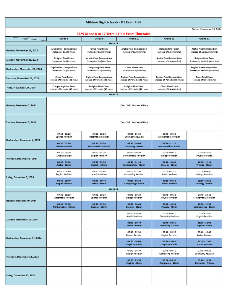 2425 Term 1 Final Exams Timetable - MHS | PDF