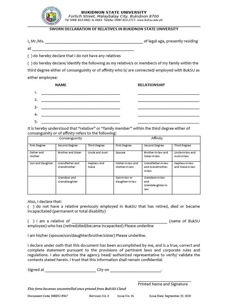 SWORN DECLARATION OF RELATIVES IN BUKIDNON STATE UNIVERSITY | PDF ...