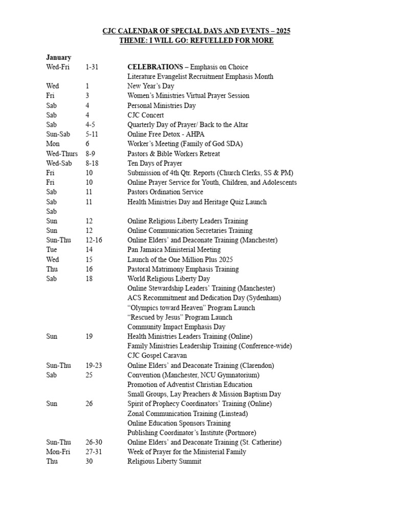 CJC Events Calendar 2025 | PDF | Seventh Day Adventist Church | Evangelism