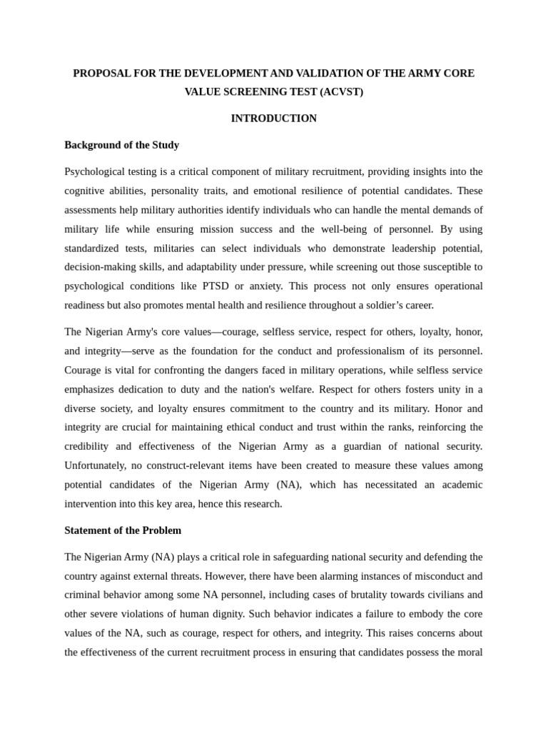 Brief Proposal For The Development and Validation of The Army Core ...
