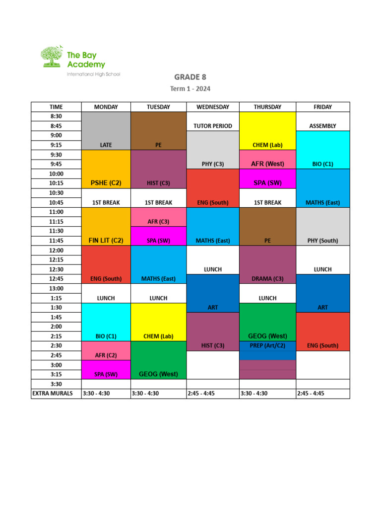 Grade 8 2024 Term 1 Timetable | PDF