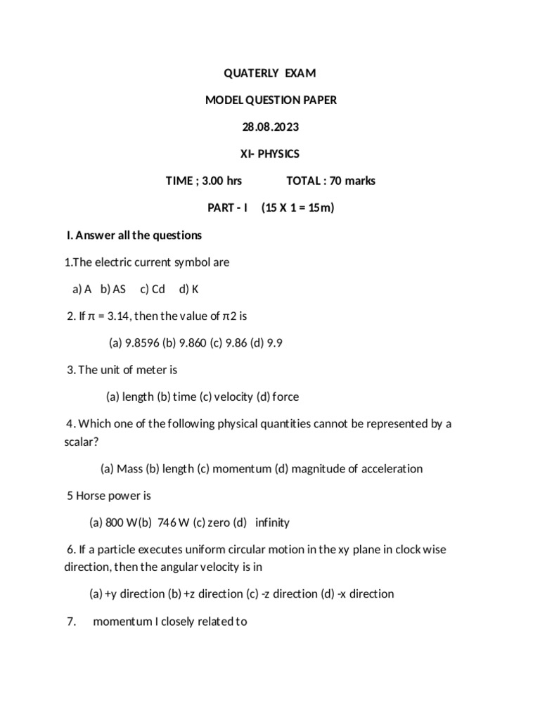 11th Physics EM Quarterly Exam 2023 Model Question Paper English Medium PDF Download | PDF ...