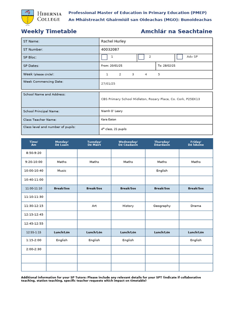 Week2 Timetable 40032087 | PDF