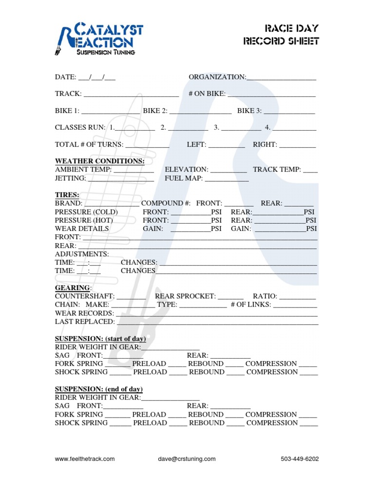 Race Day Sheet | PDF | Tire | Suspension (Vehicle)