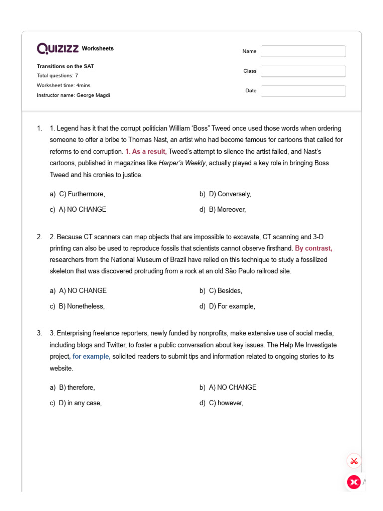 SAT Transitions Worksheet for Students | PDF