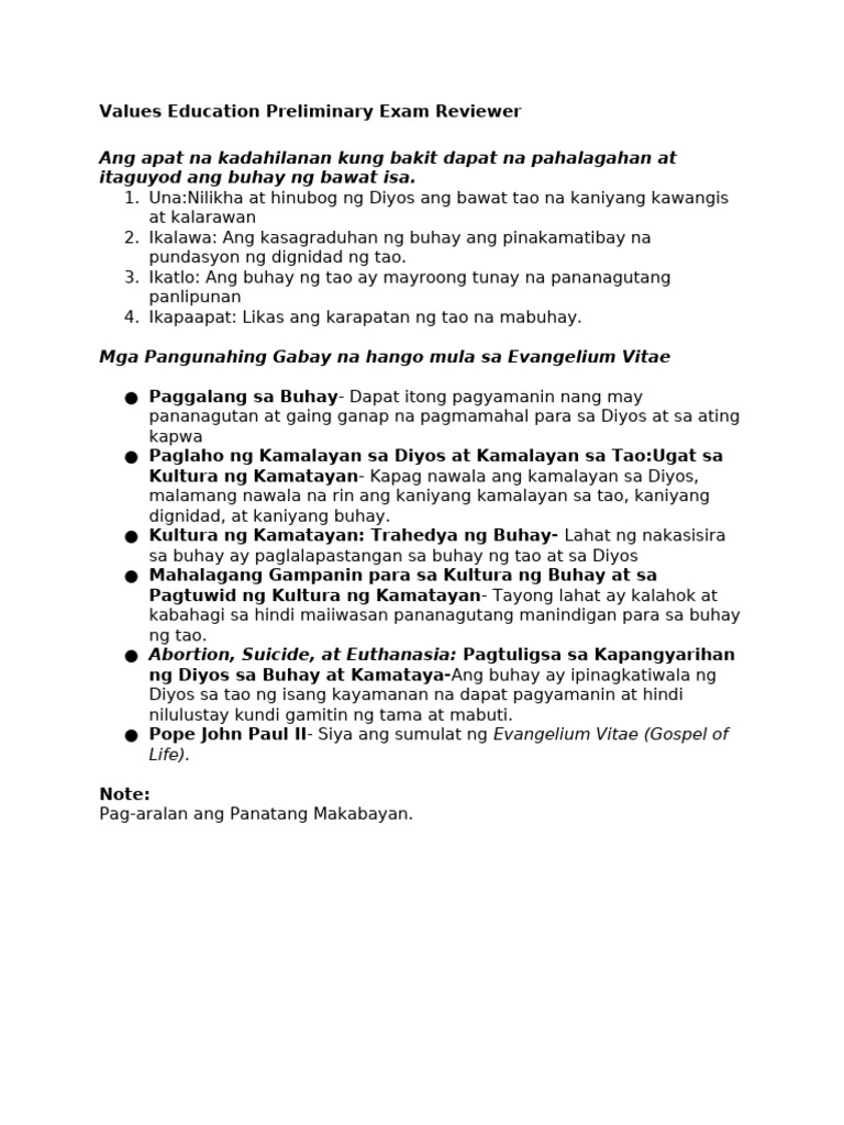 Values Education Preliminary Exam Reviewer | PDF