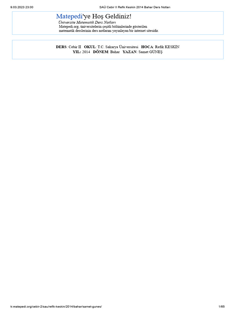 Cebir II Bahar Ders Notları | PDF