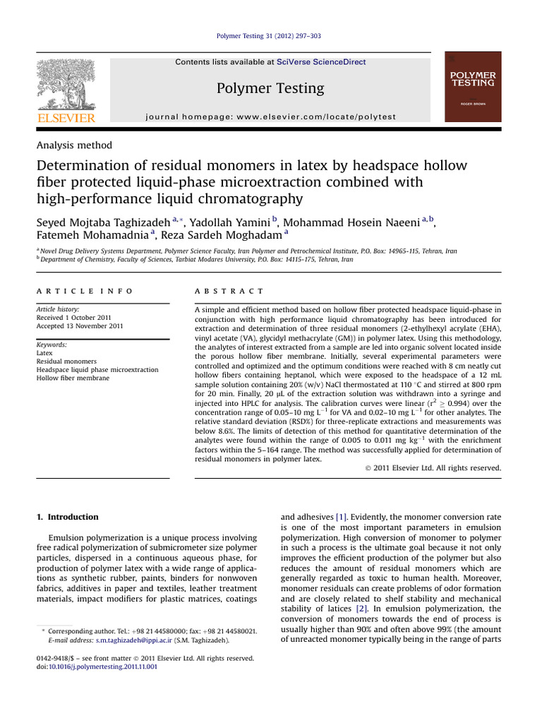 Determination of Residual Monomers in Latex by Headspace Hollow Fiber ...