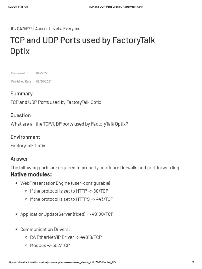 FactoryTalk Optix TCP/UDP Port Guide | PDF | Port (Computer Networking) | Transmission Control ...