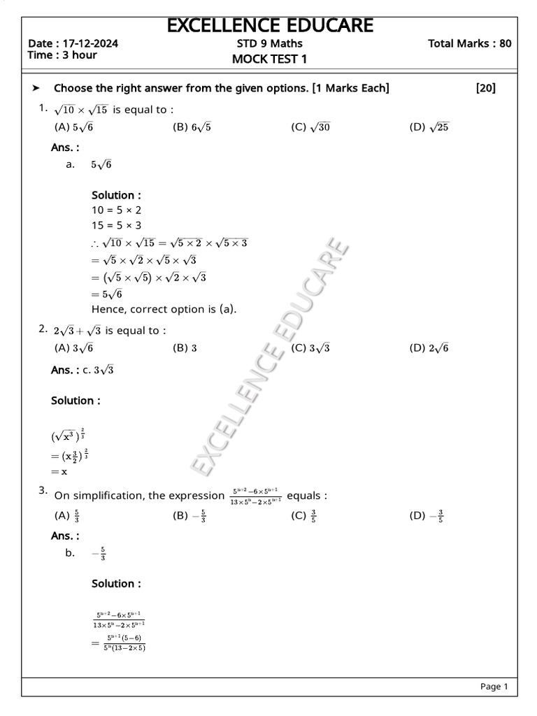 STD 9 Maths Mock Test Solutions | PDF | Area | Rectangle