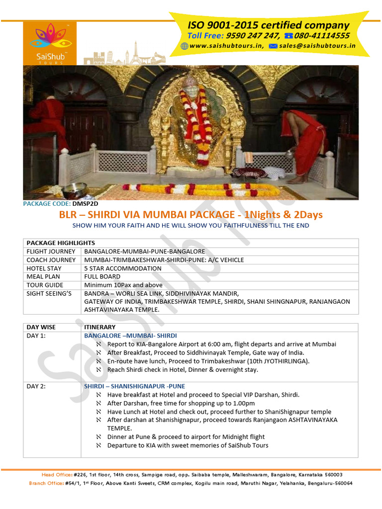 BLR - Shirdi Via Mumbai Package - 1n, 2d | PDF | Meal