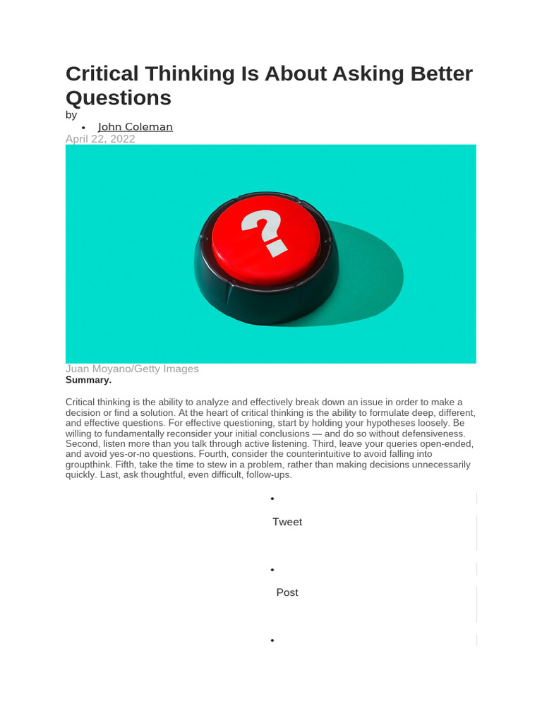 Critical Thinking Is About Asking Better Questions | PDF | Thought ...