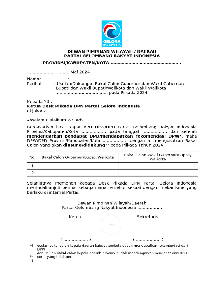 Surat Usulan Cakada Dpw-dpd | PDF