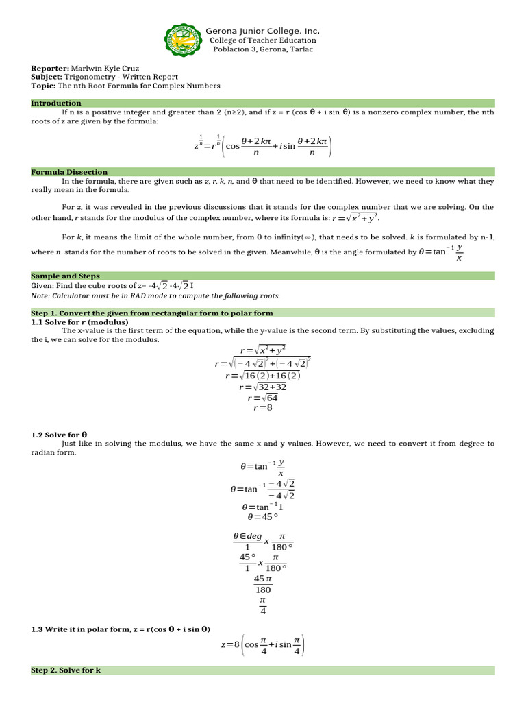 Trigonometry Lesson For NTH Root Formula of Complex Numbers | PDF | Pi | Numbers