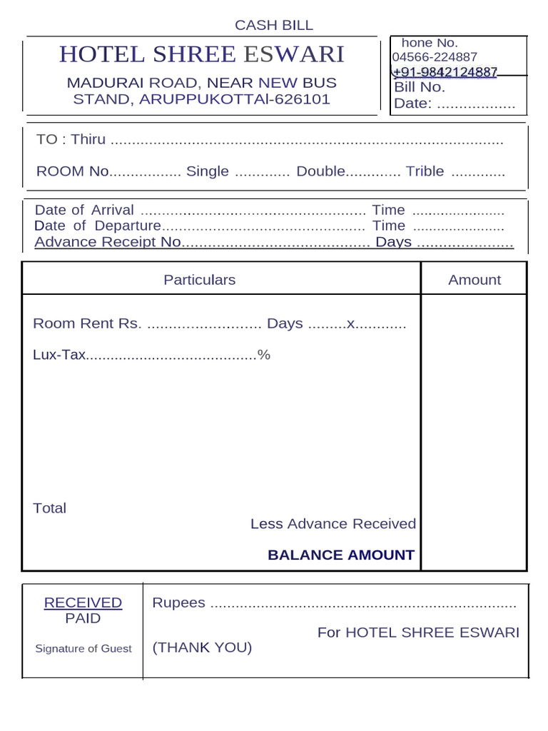 Hotel Bill Format for Shree Eswari | PDF
