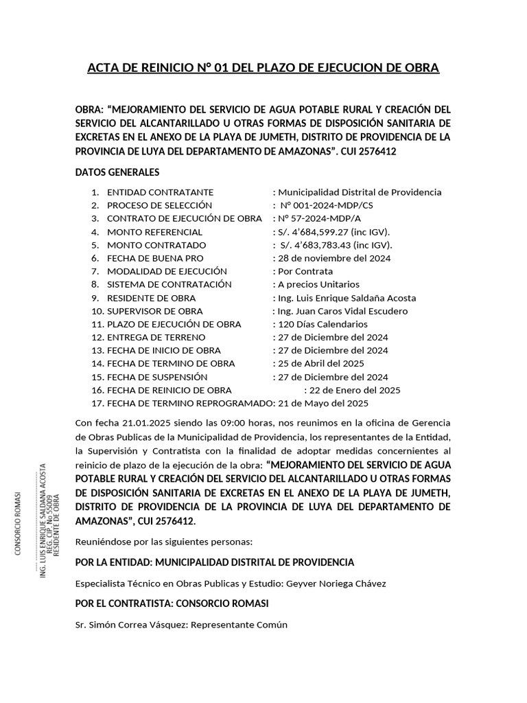 ACTA DE REINICIO DE OBRA NRO 01 | PDF