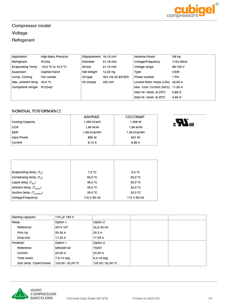 Huayi Compressor GP16TE R134a 115 60 | PDF | Mechanical Engineering ...