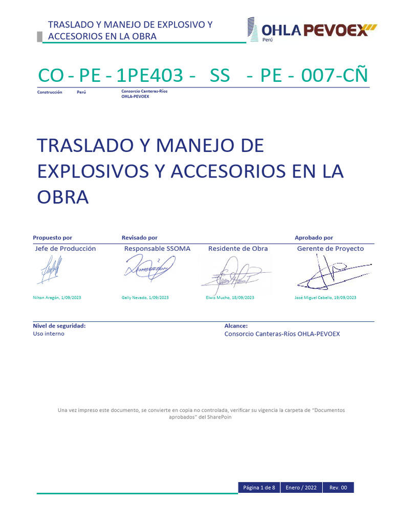 CO-PE-1PE403-SS-PE-007-CÑ Traslado y Manejo de Explosivos y Accesorios en La Obra Rev.01 | PDF
