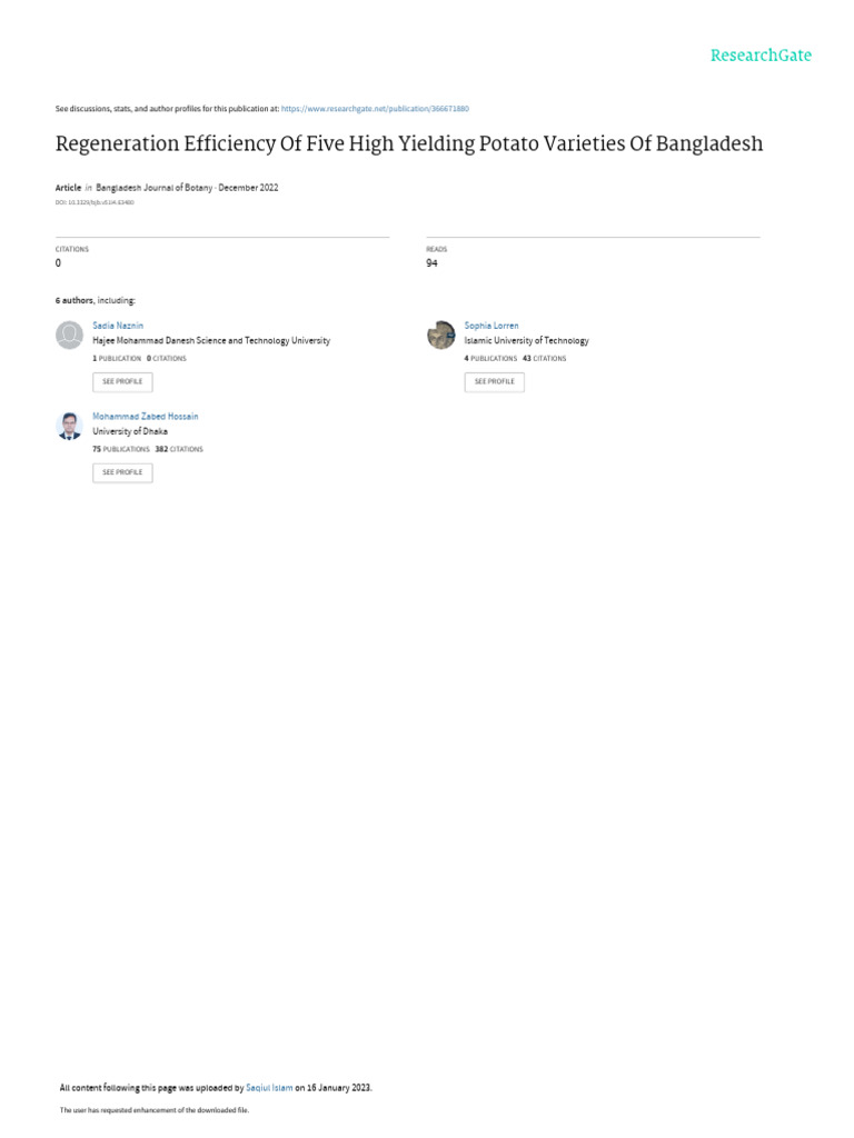 Regeneration Efficiency of Five High Yielding Pota | PDF | Plant ...