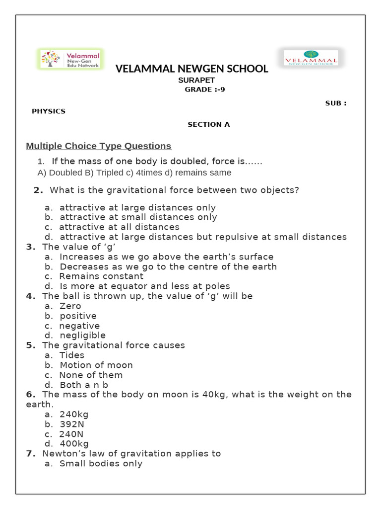 Gravitation Ws For G9.docx | PDF | Force | Gravity