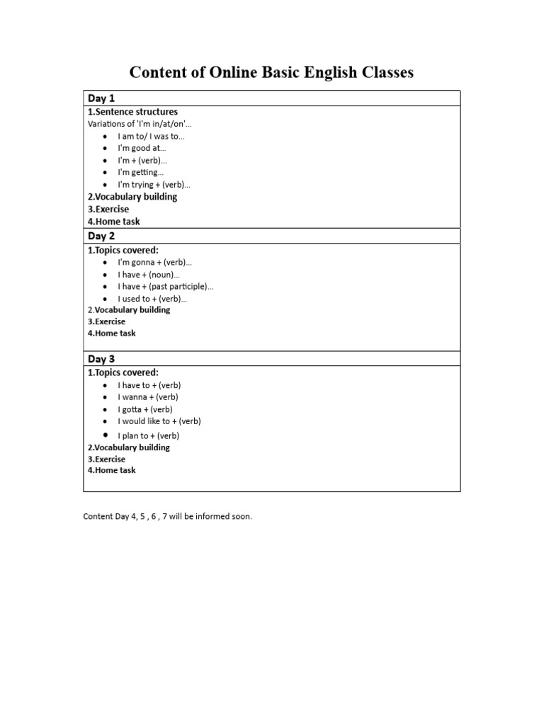 Content of Basic Eng Classes | PDF