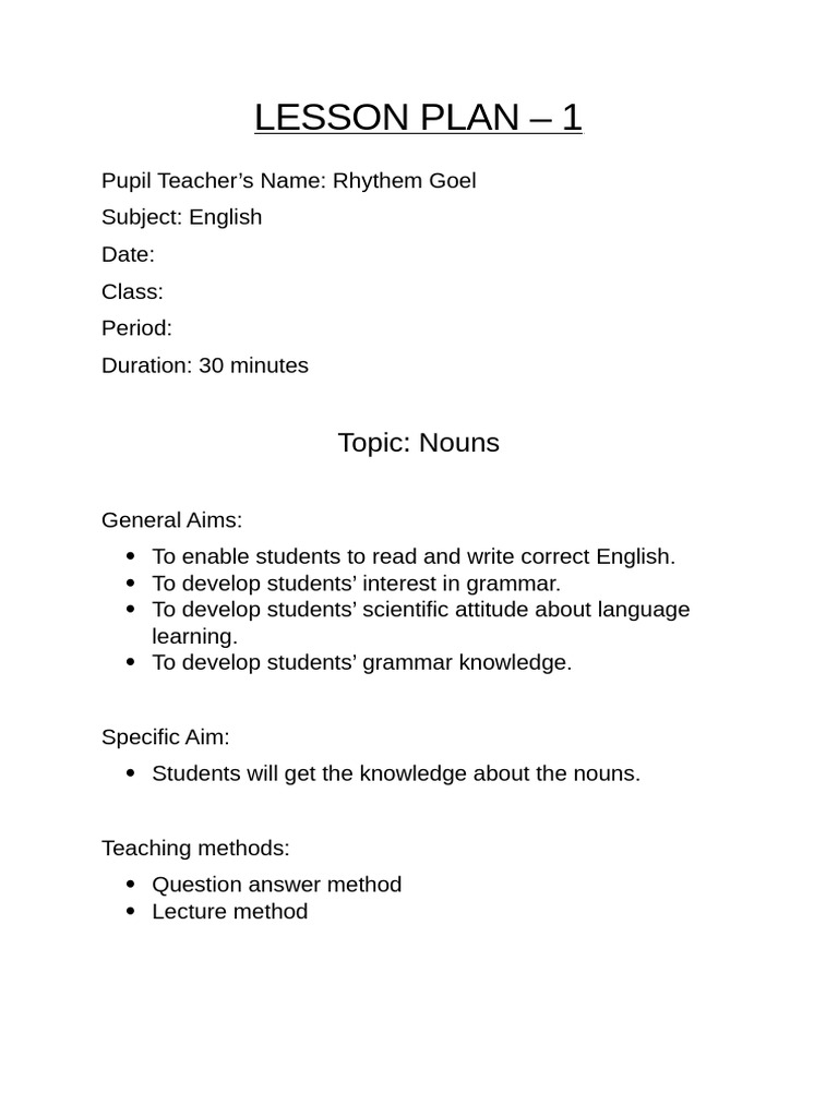 English Nouns Lesson Plan | PDF