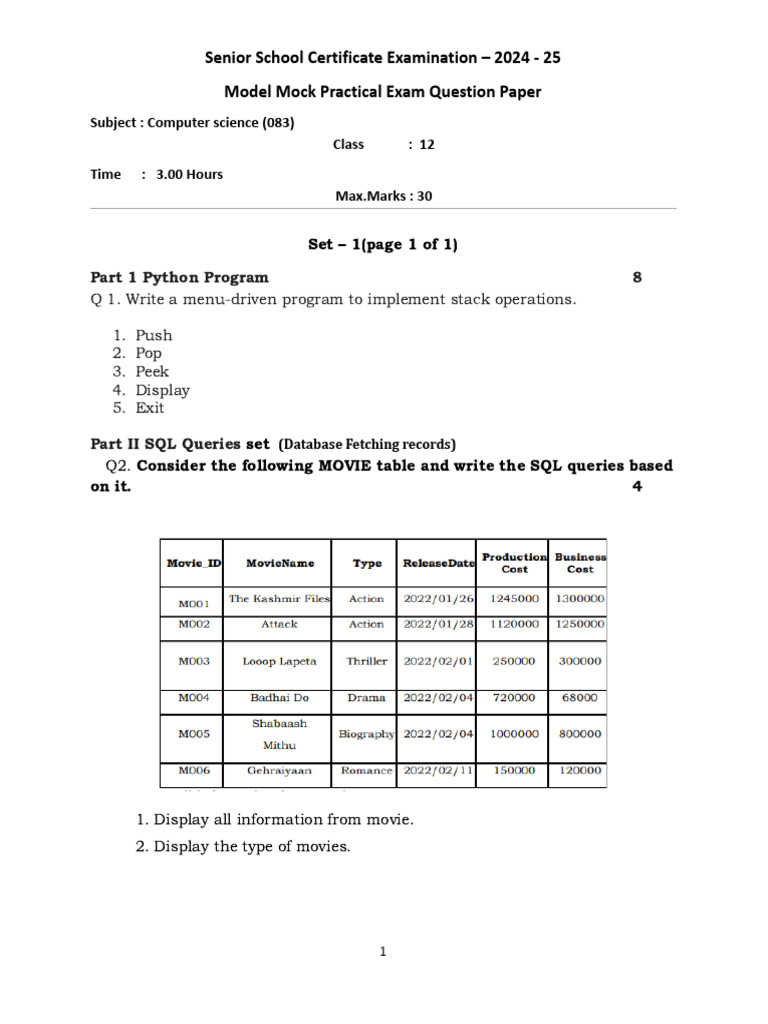 12th CS Model Mock Practical Exam Question Paper | PDF | Table (Database) | Sql