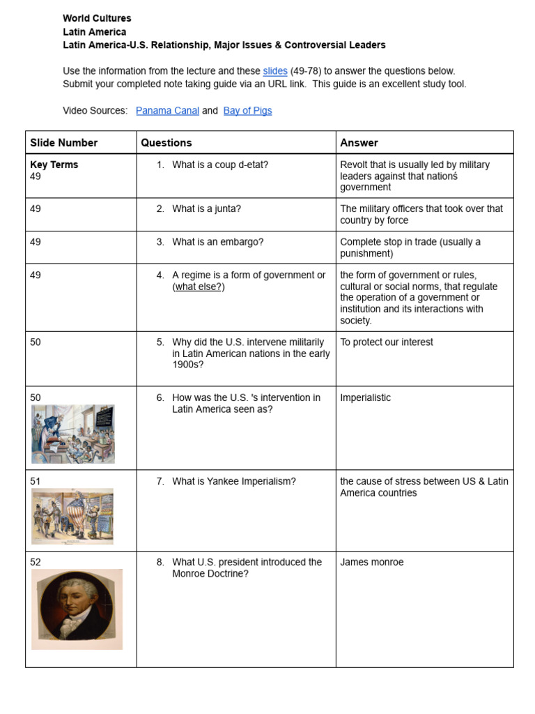 Latin America-U.S. Relationship, Major Issues Note Taking Guide | PDF ...