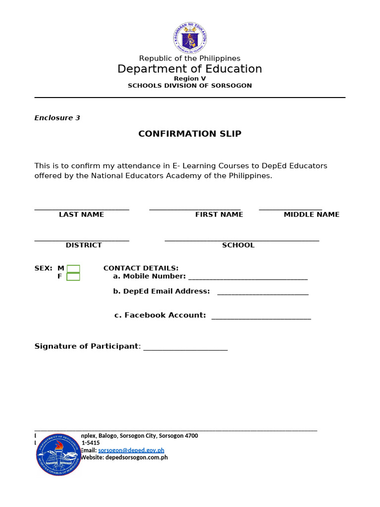 Confirmation Slip For e Learning Courses To Deped Educators | PDF