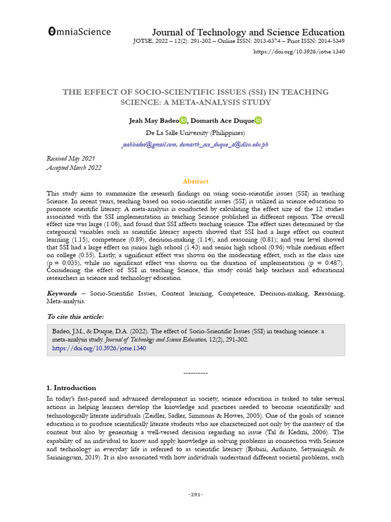The Effect of Socioscientific Issues Ssi in Teaching Science A ...