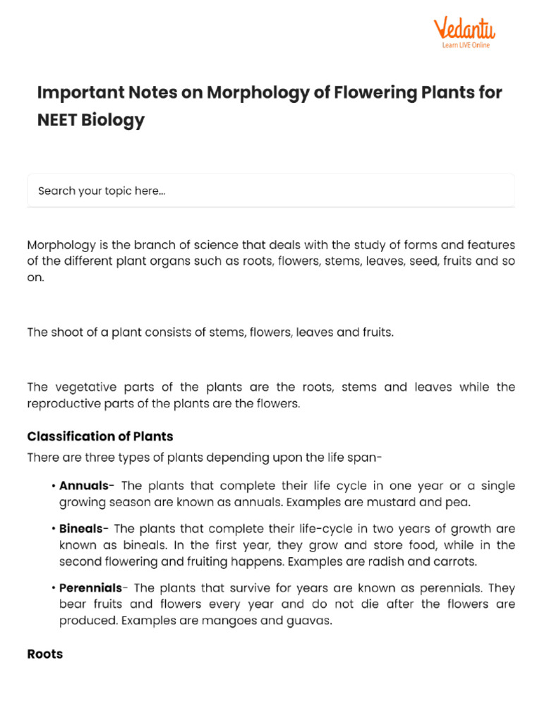 Important Notes On Morphology of Flowering Plants For NEET Biology | PDF