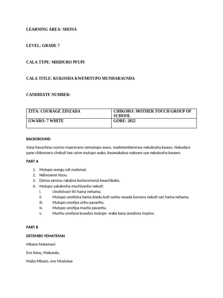 Shona Cala Courage Zinzda Mutupo | PDF