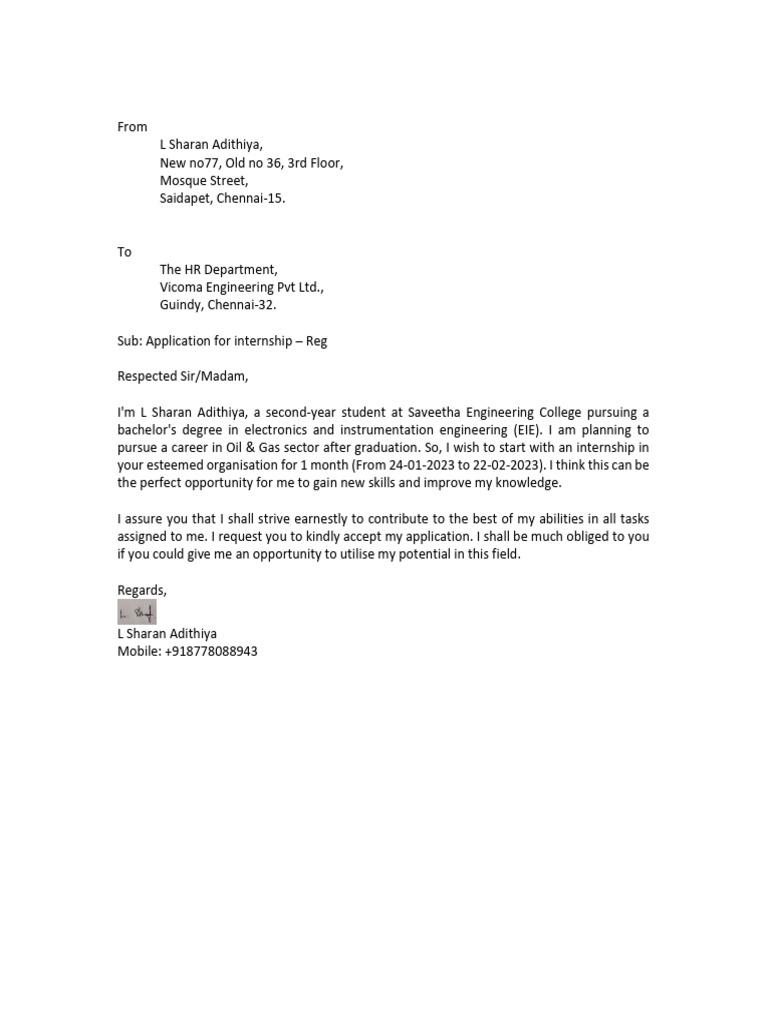 L Sharan Adithiya - Application For Internship | PDF