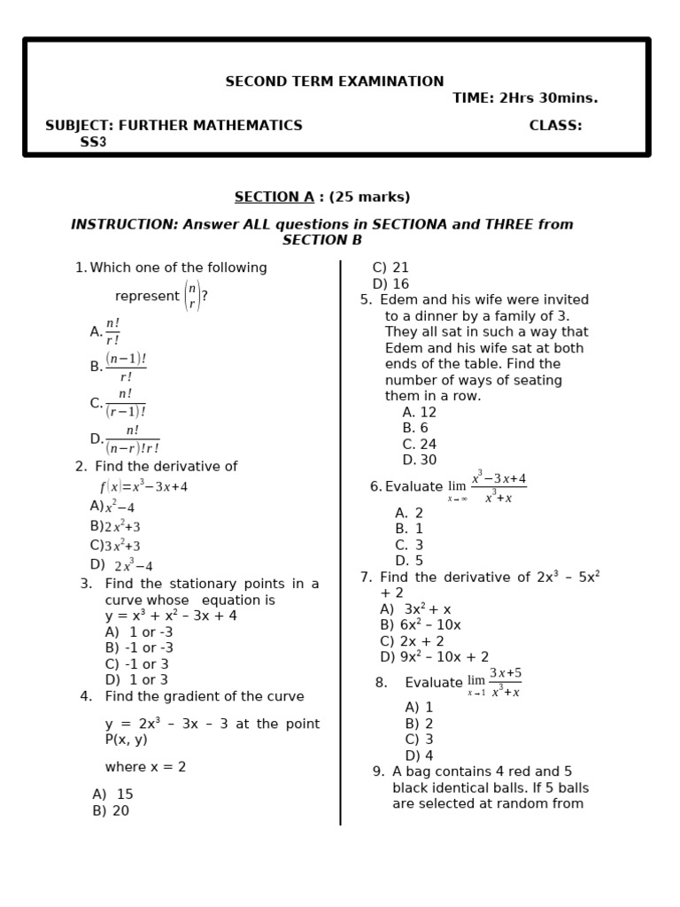 Mock Ssfurther Mathematics Ss3 | PDF | Acceleration | Derivative