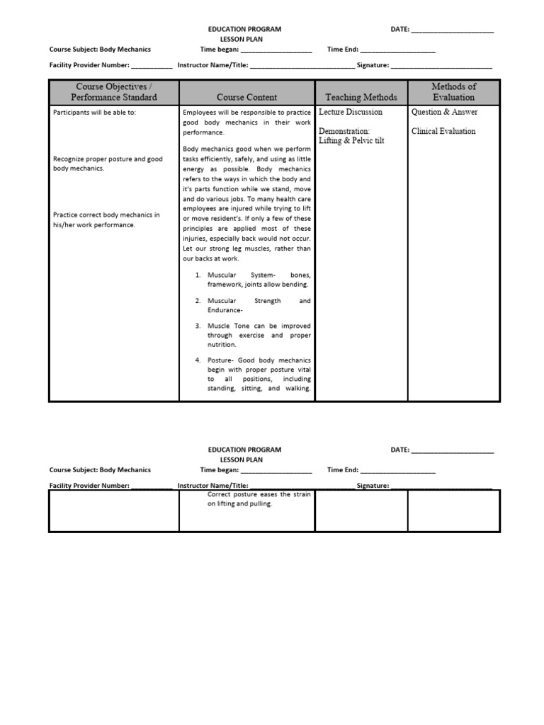 Body Mechanics Lesson Plan 1 PDF | PDF | Lesson Plan