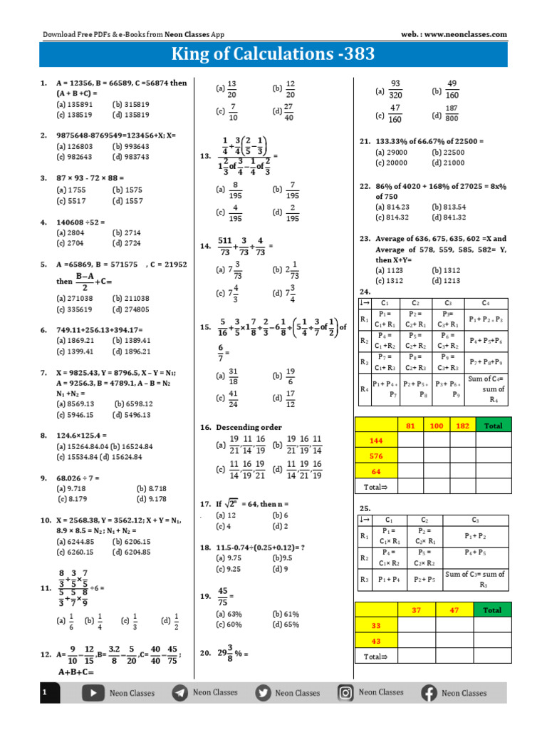 King of Calculations Sheet- 383 | PDF