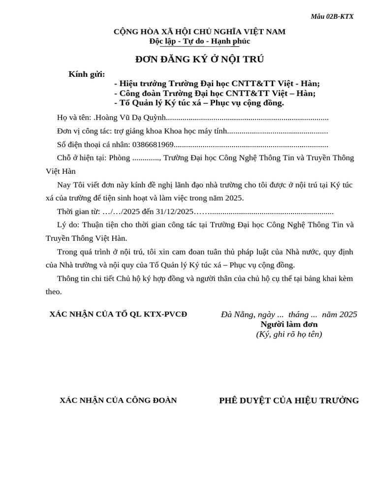 Mẫu 02B-KTX - Đơn đăng ký ở KTX CBVC | PDF