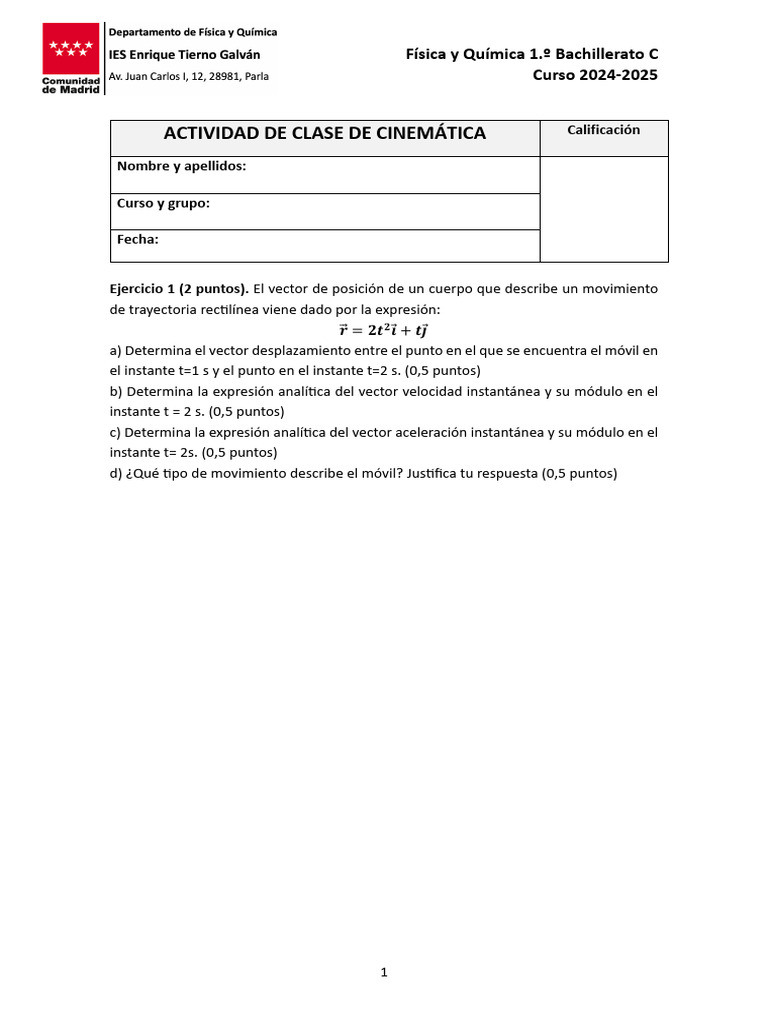 Simulacro parcial 1º Bach. 1ª Ev. | PDF | Velocidad | Aceleración