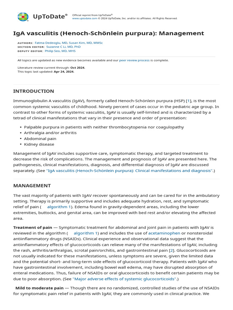 IgA Vasculitis (Henoch-Schönlein Purpura) - Management - UpToDate | PDF ...
