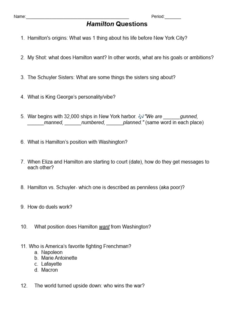 Hamilton: Questions | PDF | Alexander Hamilton | Founding Fathers Of ...