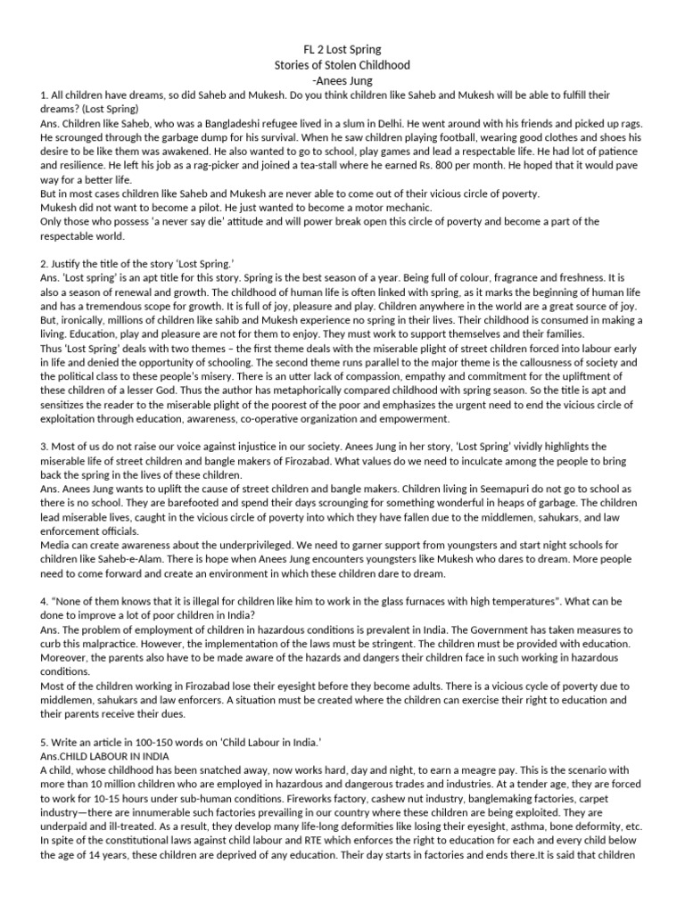FL 2 Lost Spring Notes | PDF | Child Labour