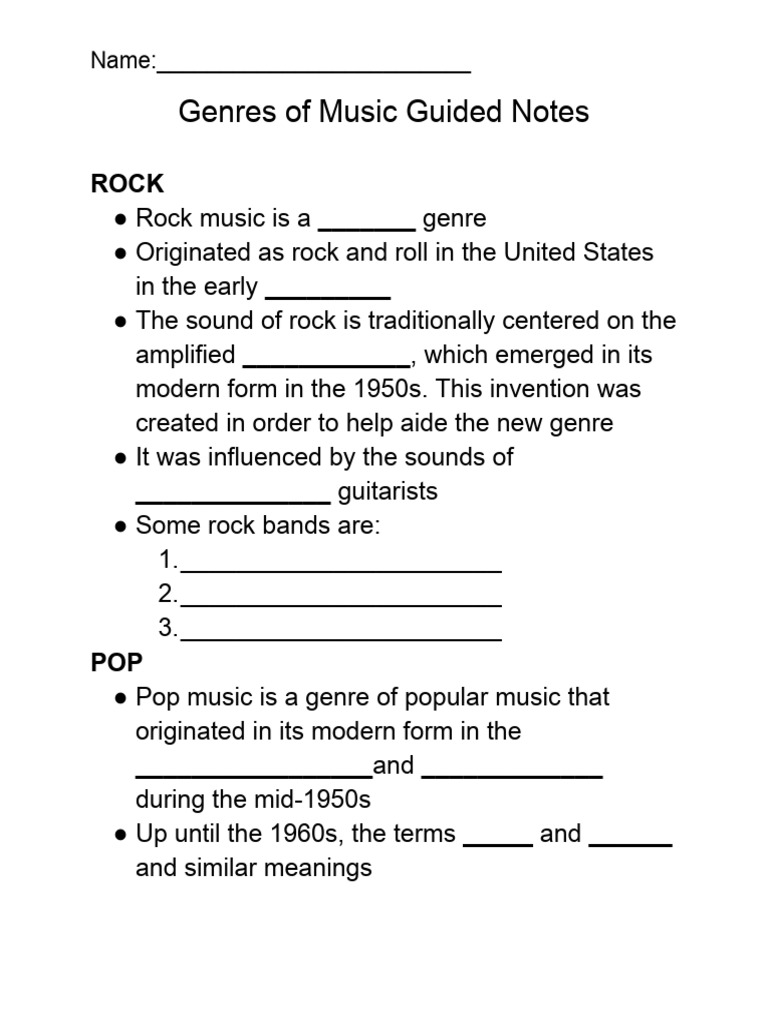 Blank Genres of Music Guided Notes | PDF | Rock Music | Pop Music