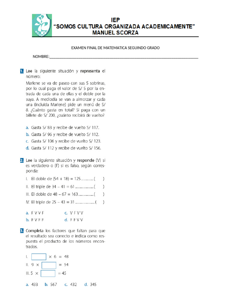 Examen Final de Matematica Seguindo Grado | PDF